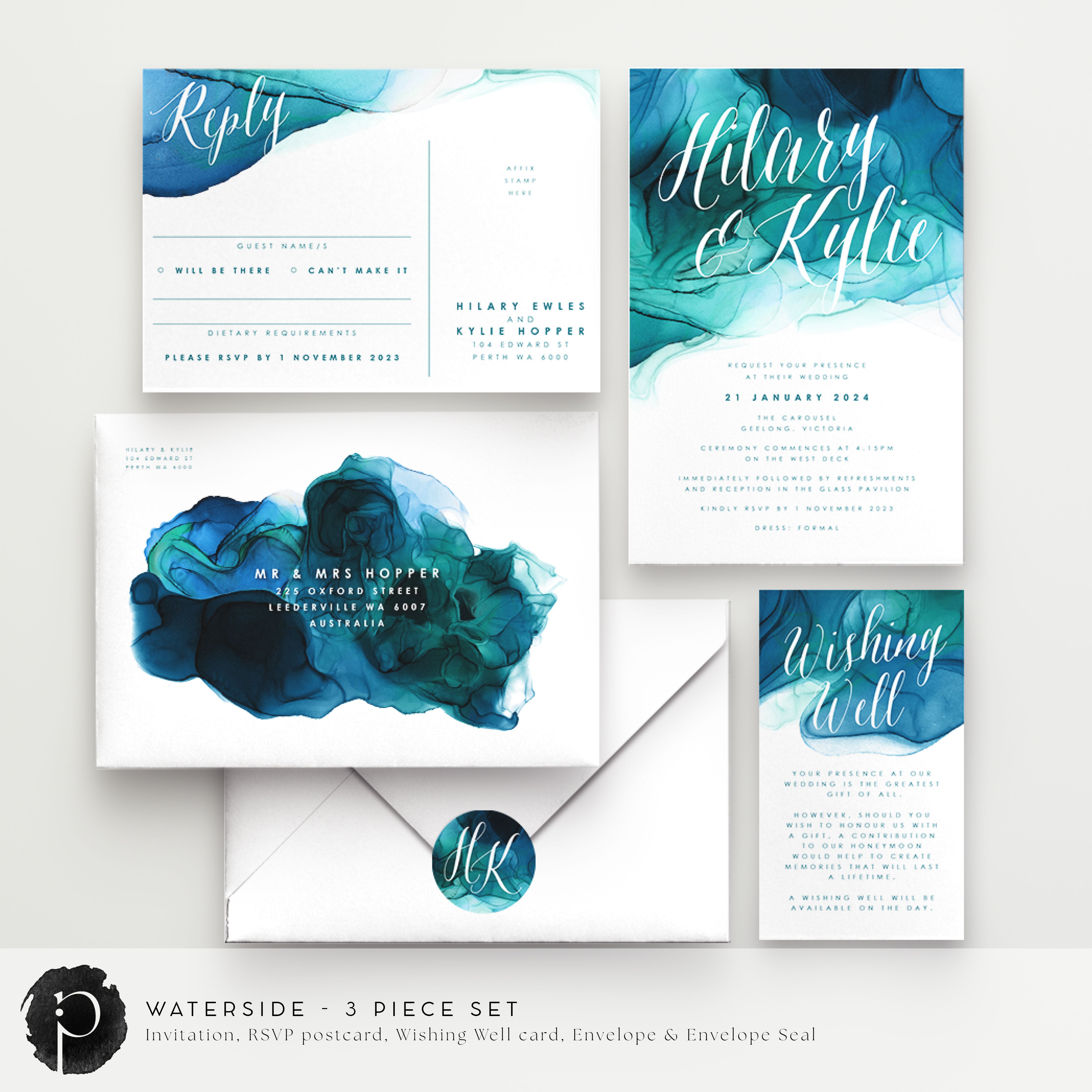 Waterside - Wedding Invitation, RSVP Card & Gift/Wishing Well Card Set ...